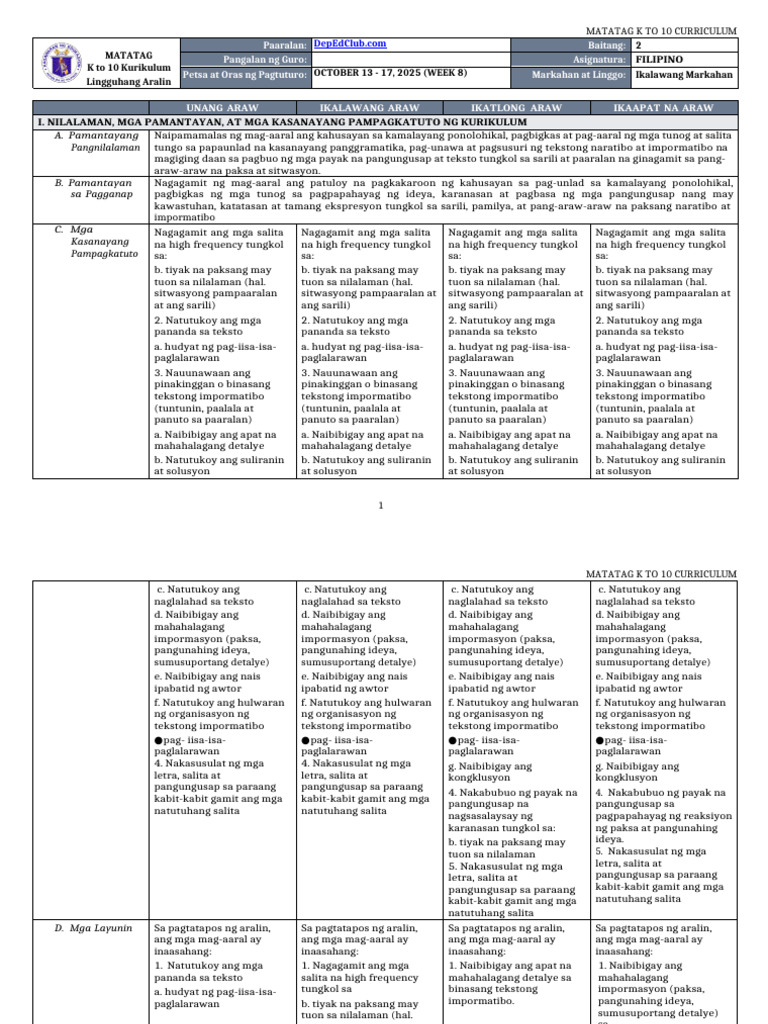 DLL Matatag Filipino 2 q2 w8 | PDF