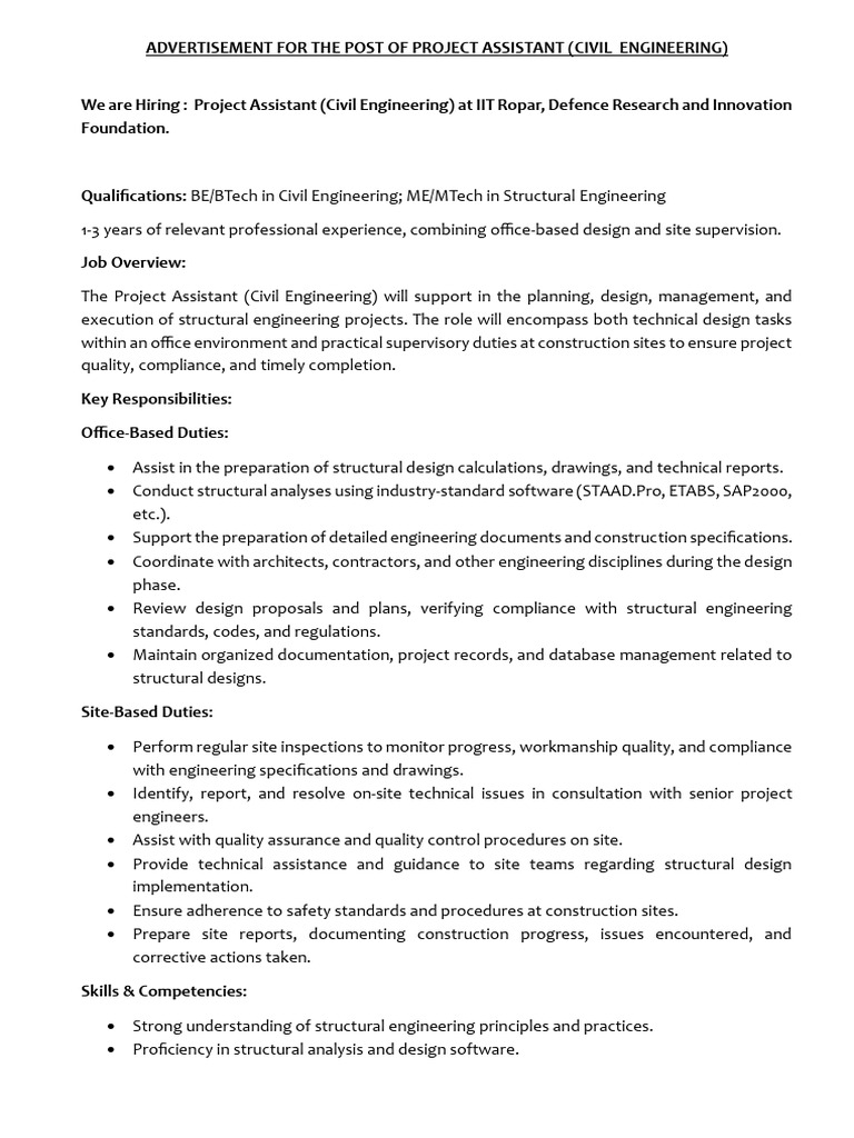 Project Assistant Civil Engineering Department DRIF ...