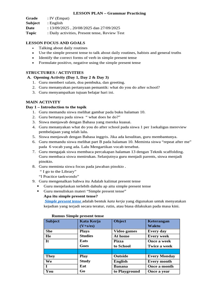 LESSON PLAN - Grammar Practicing LV 4 | PDF