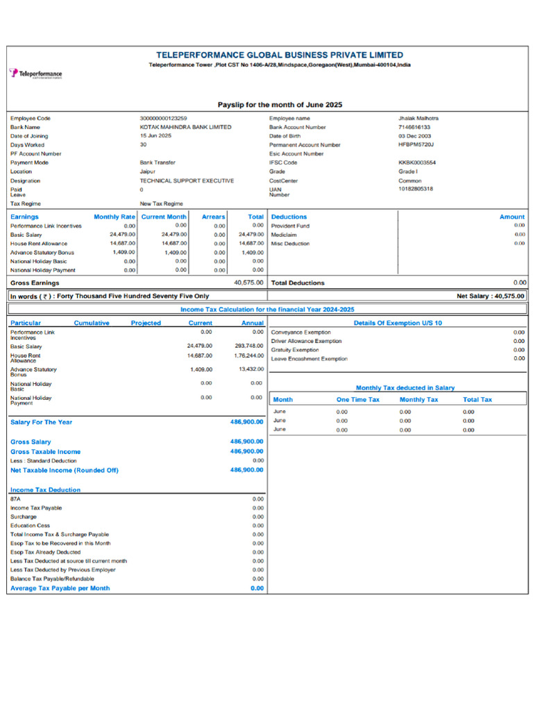 Tele Performance Salary Slip | PDF