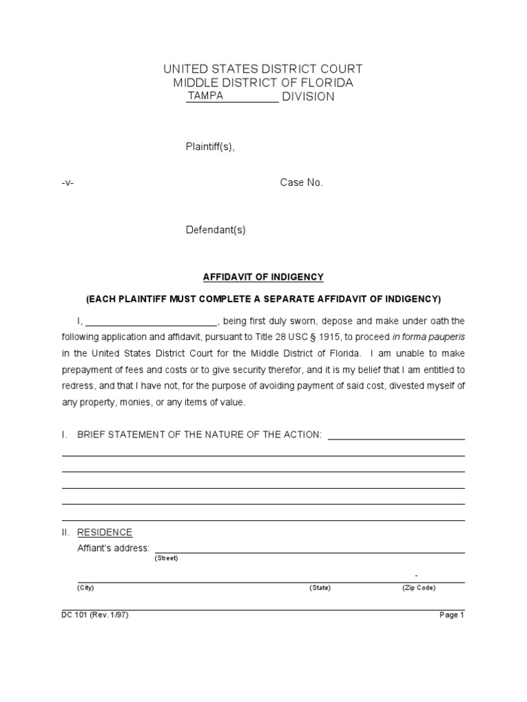 Affidavit Indigency Affidavit Debt