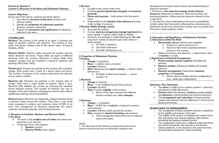 Lesson 2 - Structure of The Atom and Subatomic Particles | PDF | Atoms ...