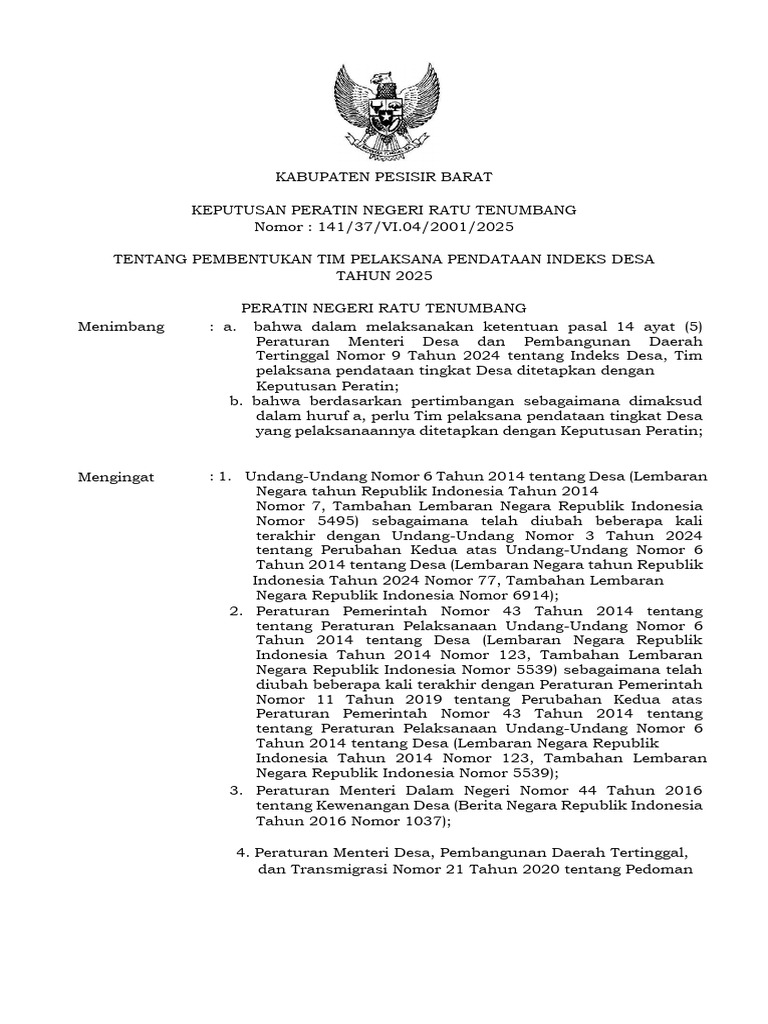 SK Pendataan Indeks - Desa Negeri Ratu Tenumbang | PDF