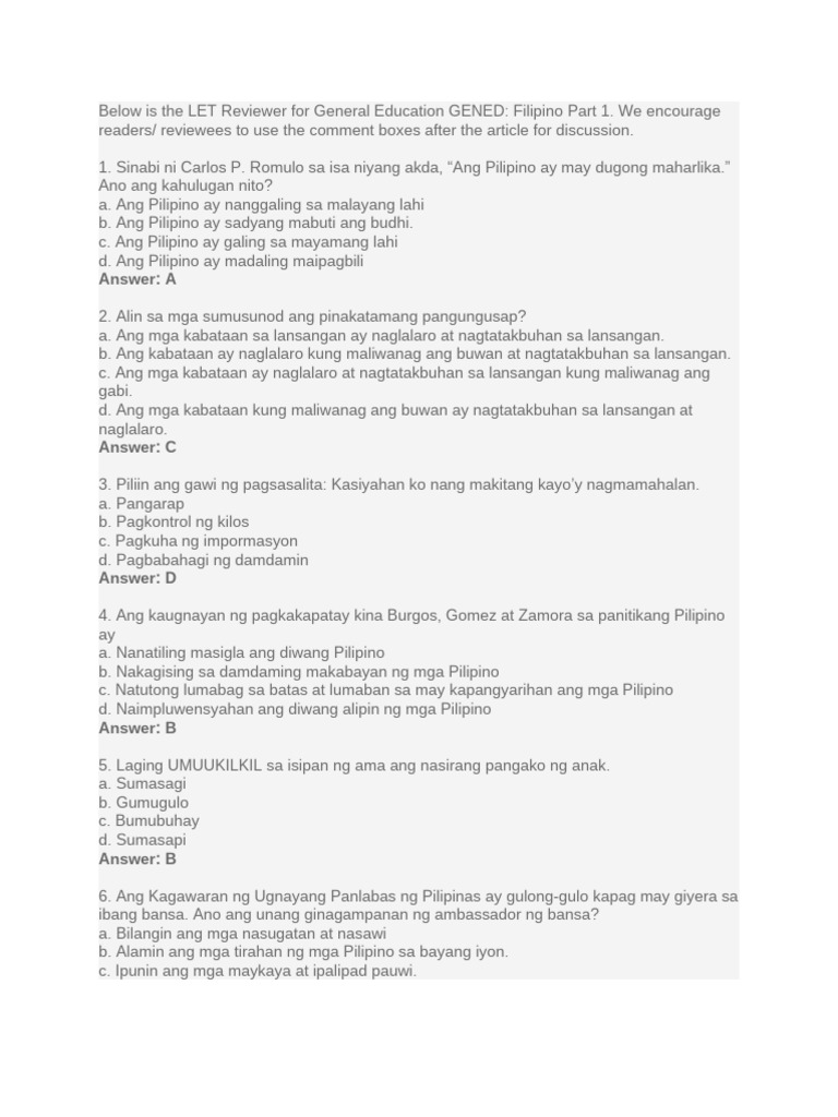 LET Reviewer For General Education Filipino | PDF