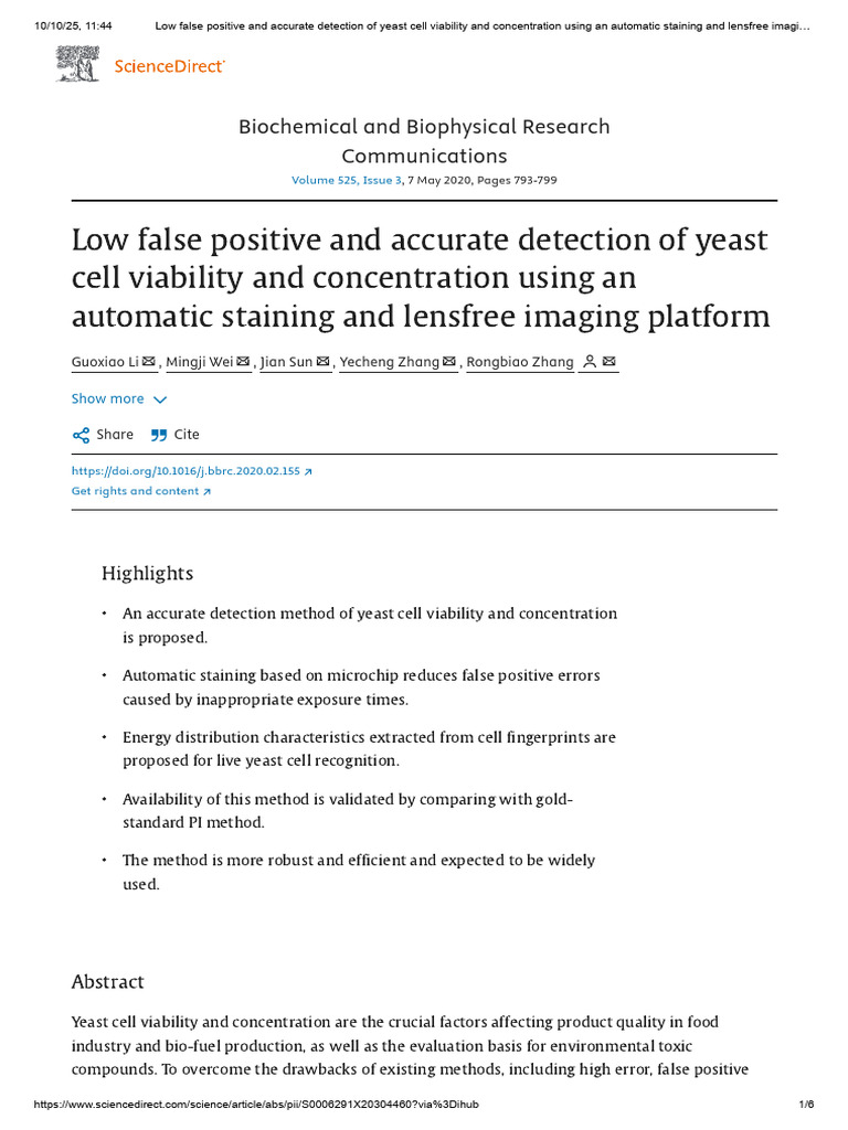 Low False Positive and Accurate Detection of Yeast Cell Viability and ...