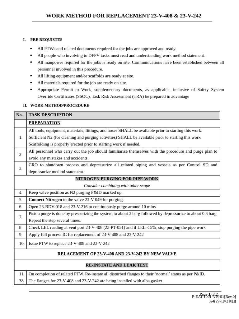 Work Method For Replacement Valves 23-V-408 & 23-V-242 | PDF