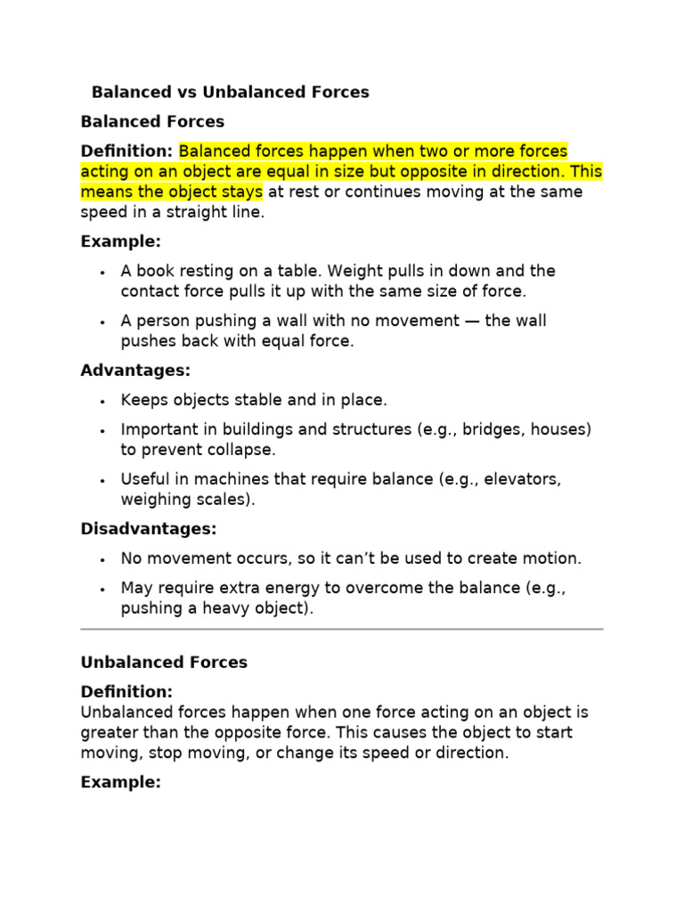 Balanced and Unbalanced Forces Explained | PDF