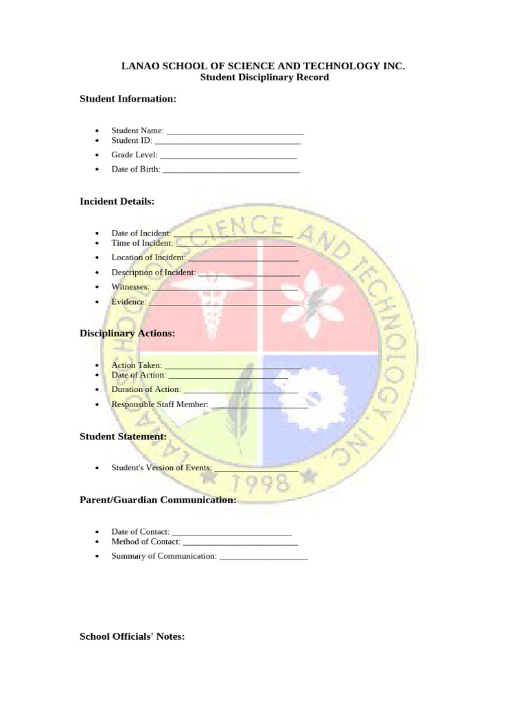 Student Disciplinary Record Template | PDF