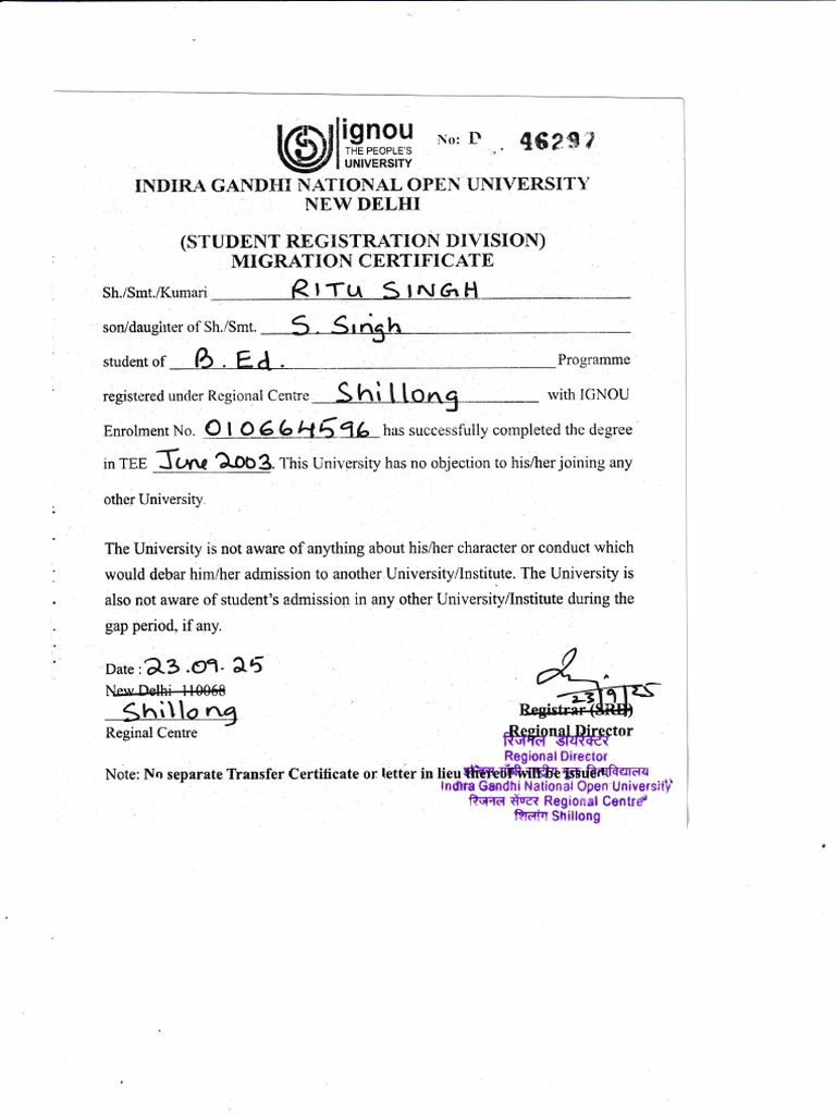 IGNOU Migration Certificate Details | PDF