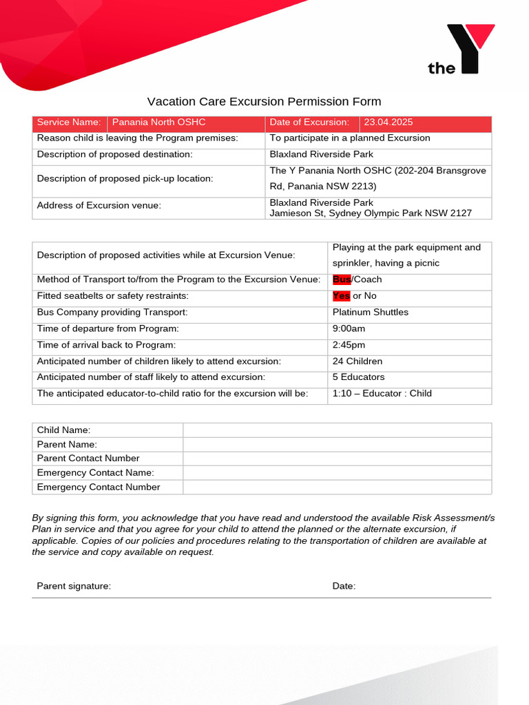 02F016 Excursion Permission Form | PDF