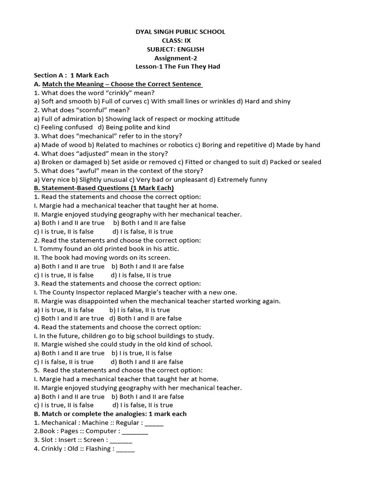 Assignment 2 (L-1 The Fun They Had) | PDF | Teachers | Learning