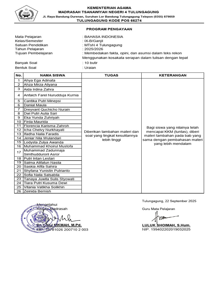 Program Pengayaan Kelas 9-b (Teks Rekon) 2025 | PDF