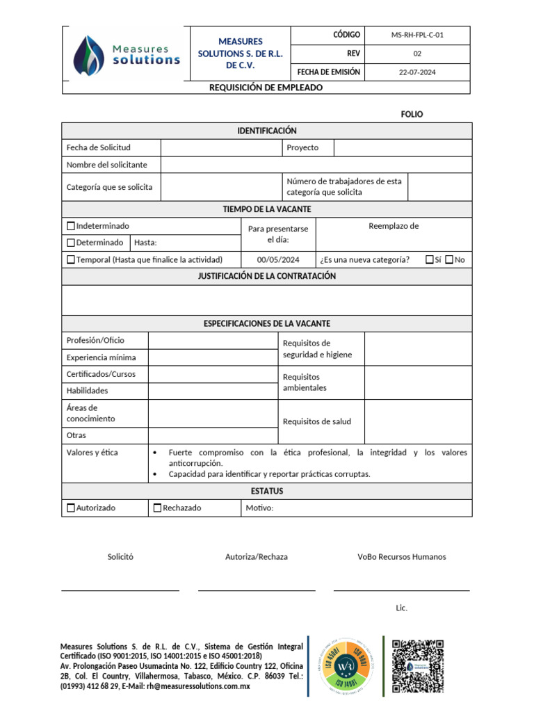 MS RH FPL C 01 Requisición de Empleado | PDF