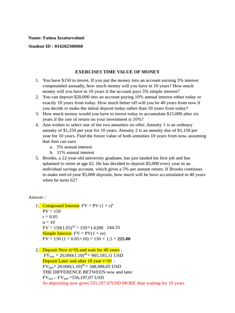 Exercises TVM Fatmaizz | PDF | Insurance | Interest