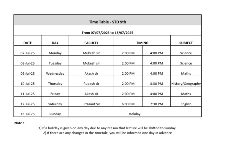 STD 9th Weekly Time Table: July 2025 | PDF