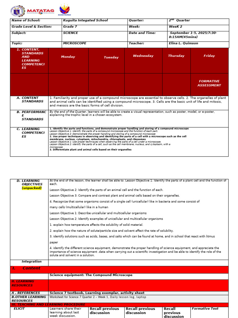 GRADE 7 dll-Q2 Week 1-2 | PDF | Cell (Biology) | Biology