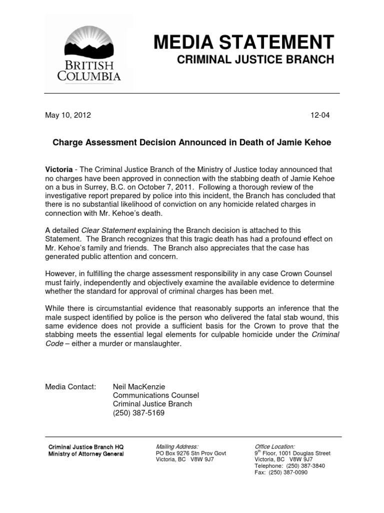 12-04 - Charge Assessment Decision Announced in Death of Jamie Kehoe ...