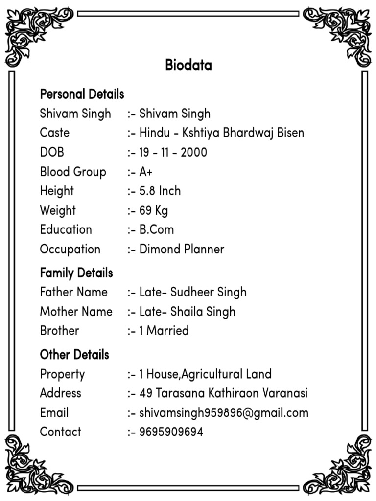 Shivam Singh's Personal Biodata Profile | PDF