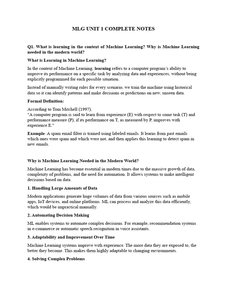 MLG Unit 1 Complete Notes | PDF | Machine Learning | Outlier