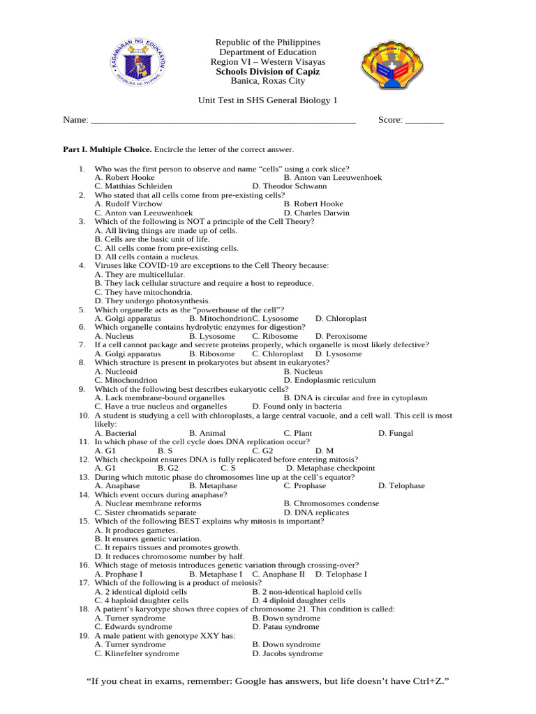 Gen Bio 1 Unit Test (First Quarter) | PDF | Cell (Biology) | Meiosis