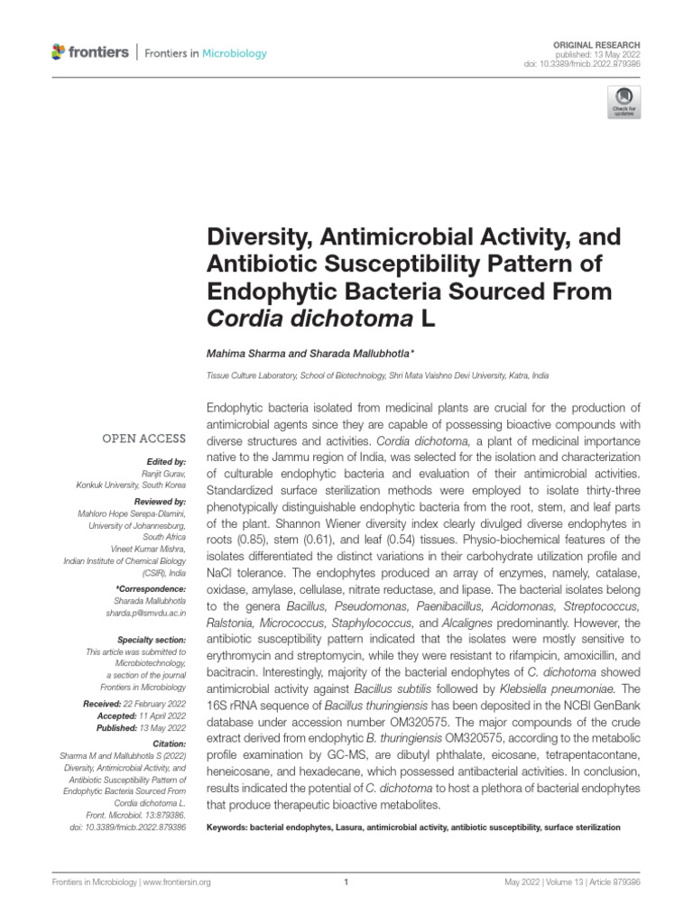 Diversity, Antimicrobial Activity, and Antibiotic Susceptibility ...