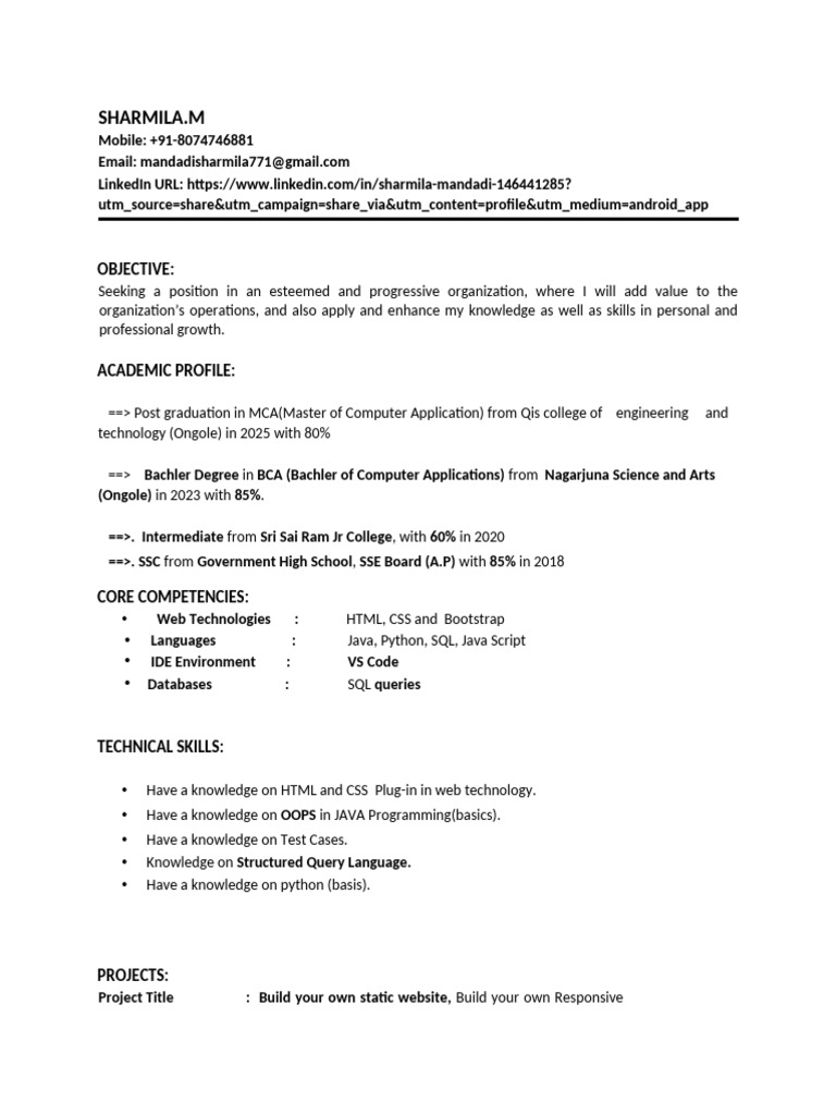 Sharmila Mandadi - MCA Graduate Resume | PDF