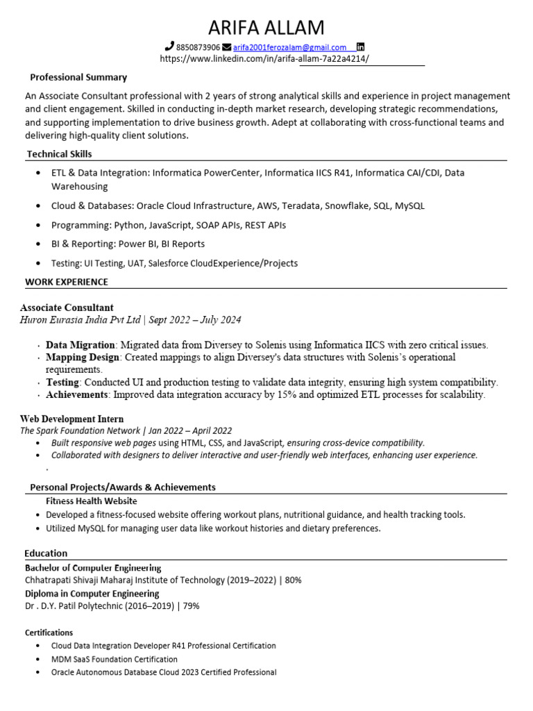 Arifa Allam Associate RESUME | PDF | Cloud Computing | My Sql