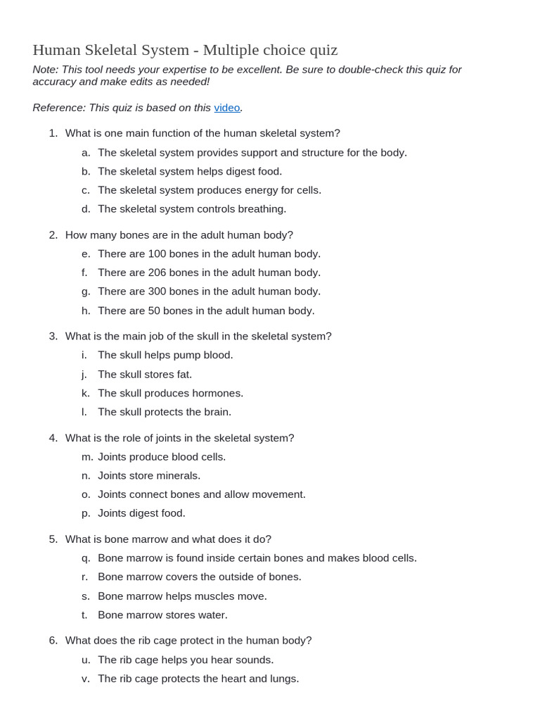 Human Skeletal System - Multiple Choice Quiz | PDF | Bone | Human Body