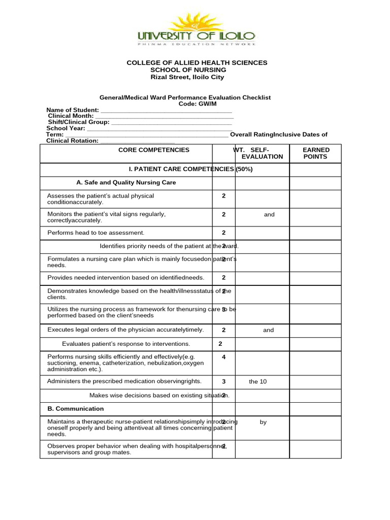 General Ward Performance Evaluation Checklist Final | PDF | Nursing | Patient