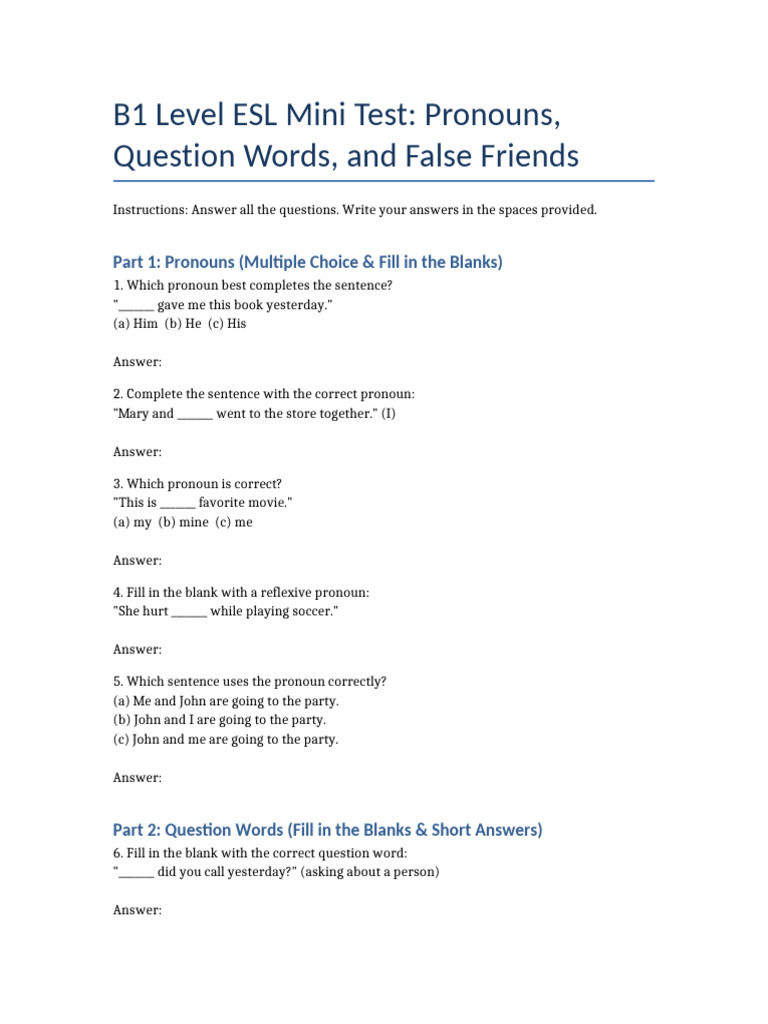 B1 ESL Mini Test Pronouns Question Words False Friends | PDF | Question ...