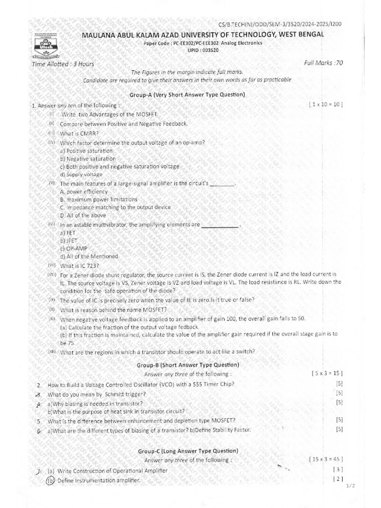 Question Analog Electronics SEM 3 2024 2025 | PDF