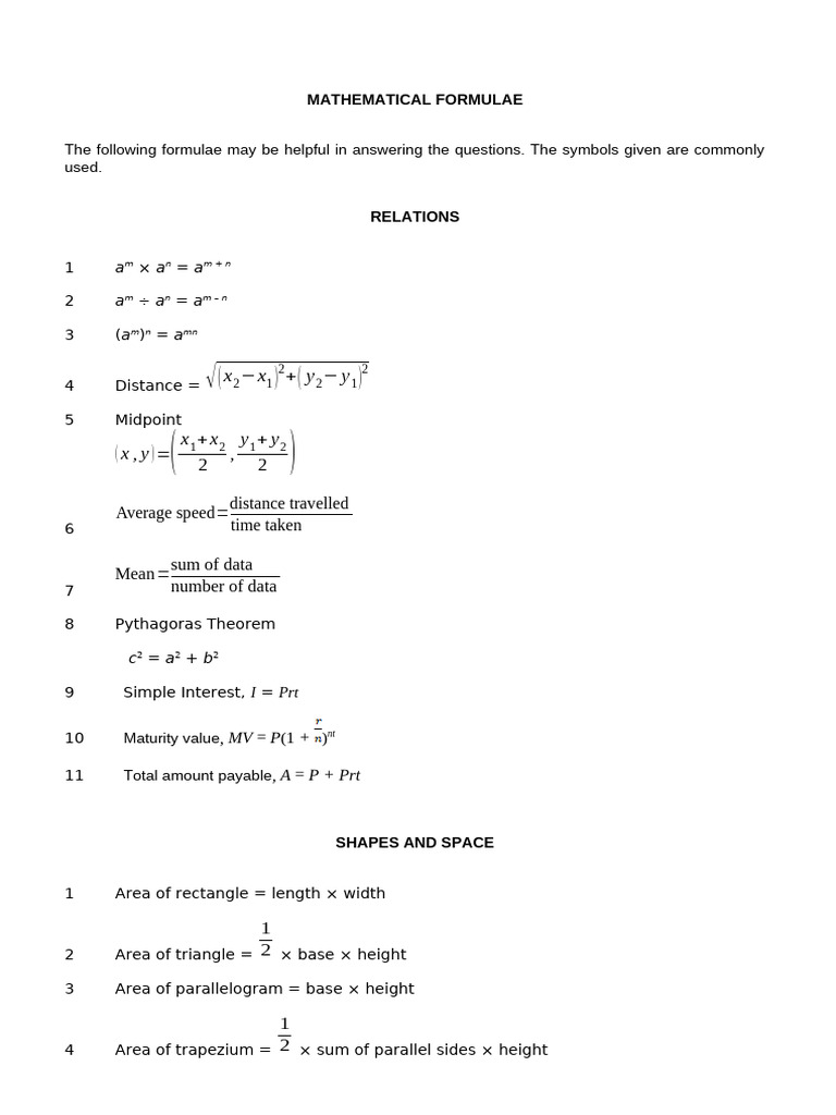 Mathematics Formula List | PDF