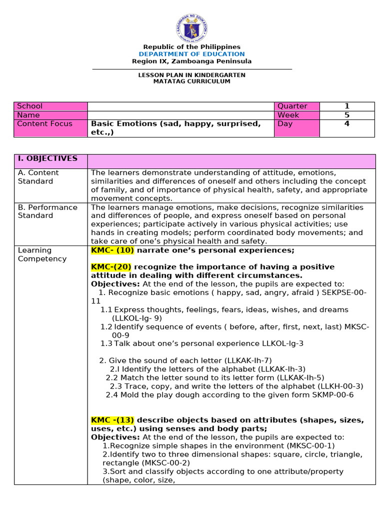 Q1 Week 5 Day 4 Matatag LP Final | PDF | Emotions | Shape