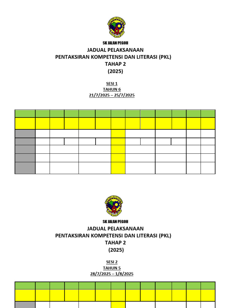Jadual PKL Tahap 2 SK Jalan Pegoh | PDF