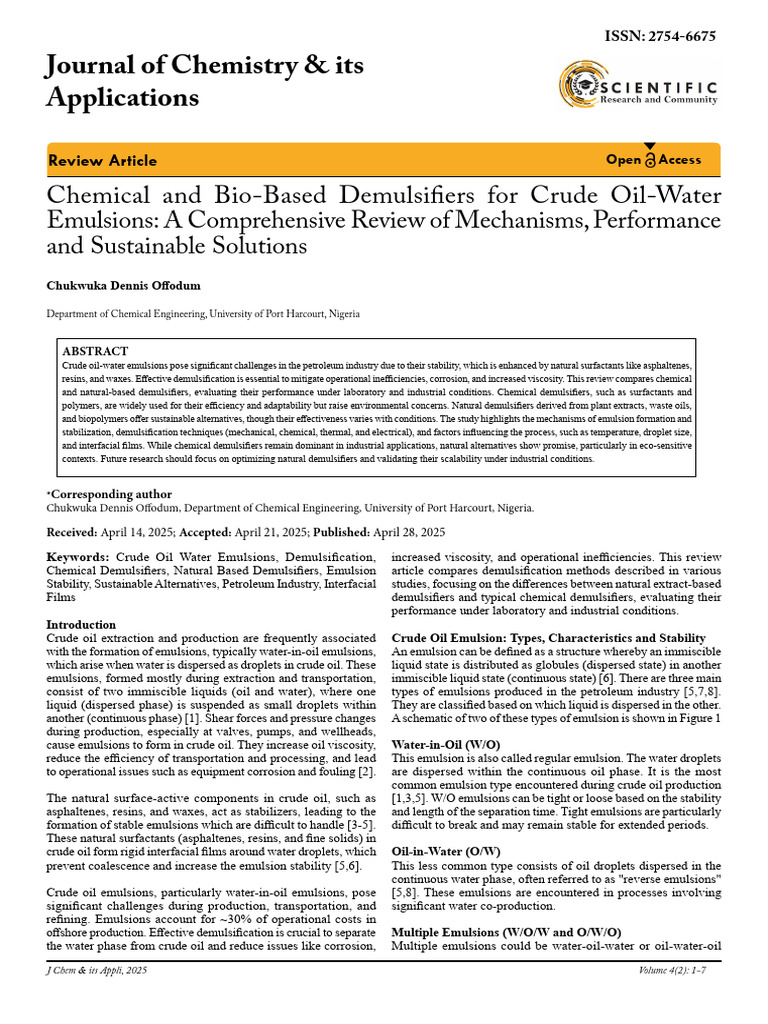 Chemical and Bio-Based Demulsifiers For Crude Oil-Water Emulsions - A ...
