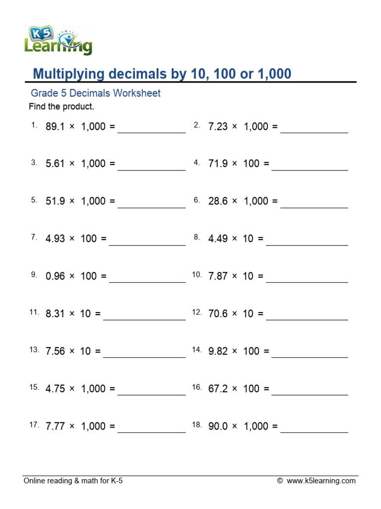 Grade 5 Decimal Multiplication Worksheet | PDF