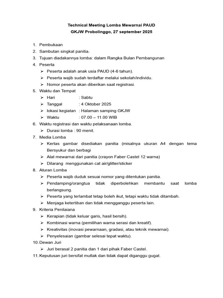 Technical Meeting Lomba Mewarnai PAUD Fix | PDF