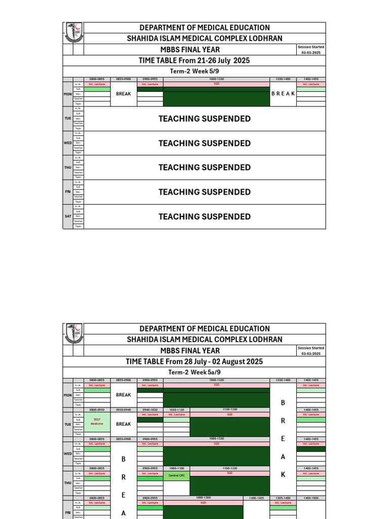Integrated Timetable 5th Year MBBS T 2 Rev 29 Jul 250730 063709 | PDF ...