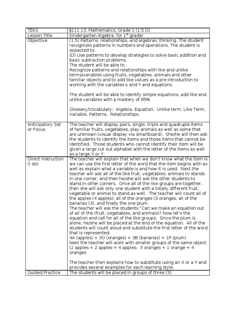 Lesson Plan For Grade 1 Mathematics-Kindergarten For 1st Grade | PDF ...