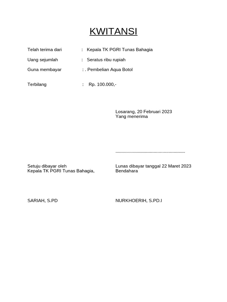 Kwitansi Pembayaran TK PGRI Tunas Bahagia | PDF