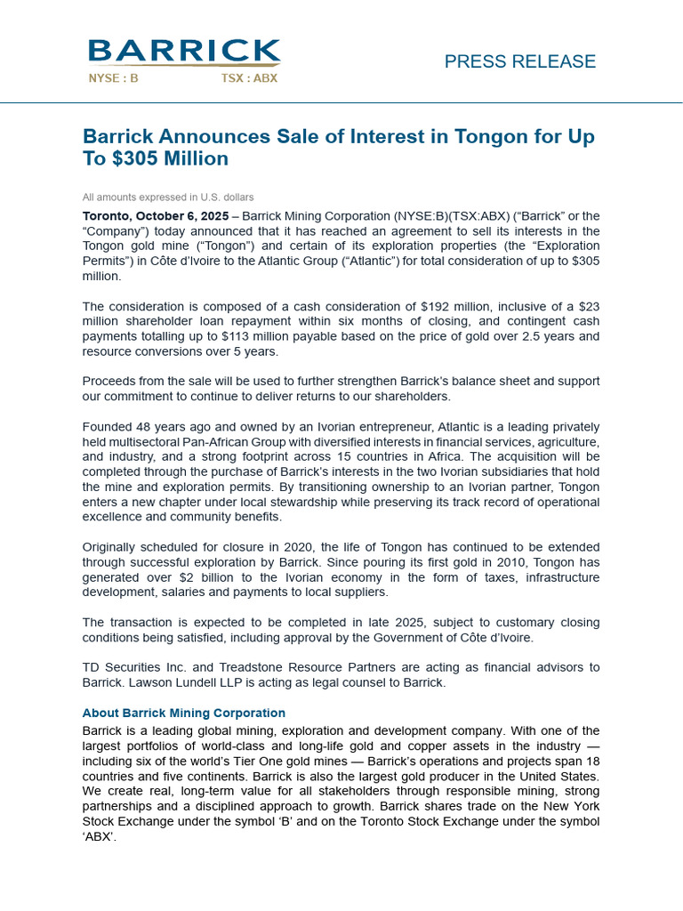 Barrick Sells Tongon Mine for $305M | PDF | Ivory Coast | Interest