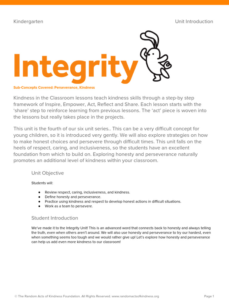 Kindergarten Integrity Unit Overview | PDF | Integrity | Truth