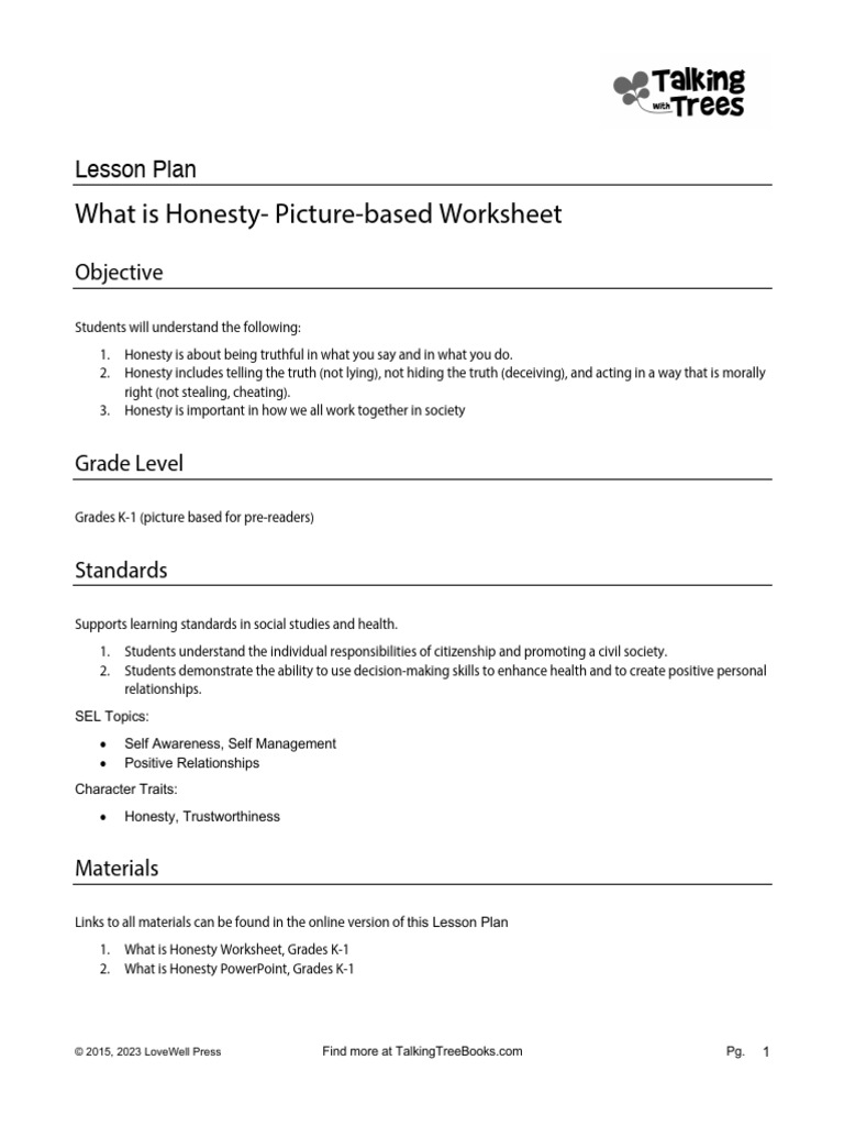 What Is Honesty Lesson Plan Kindergarten | PDF | Social Psychology ...