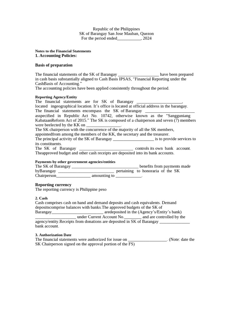 Notes to Financial Statements: SK Barangay | PDF | Banks | Cash
