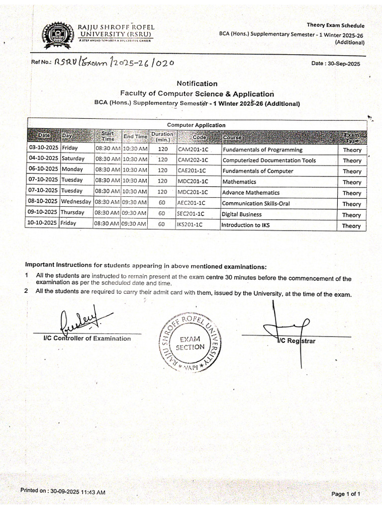 BCA Sem 1 Special Examination Oct 25 | PDF