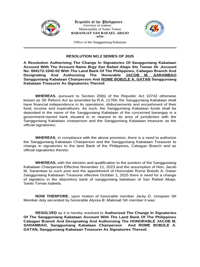 Change of SK Account Signatories | PDF | Government