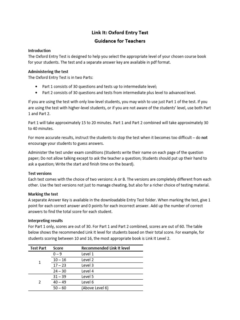 Oxford Entry Test Guide for Teachers | PDF