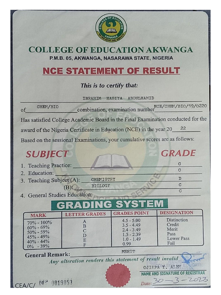 NCE Statement of Result | PDF