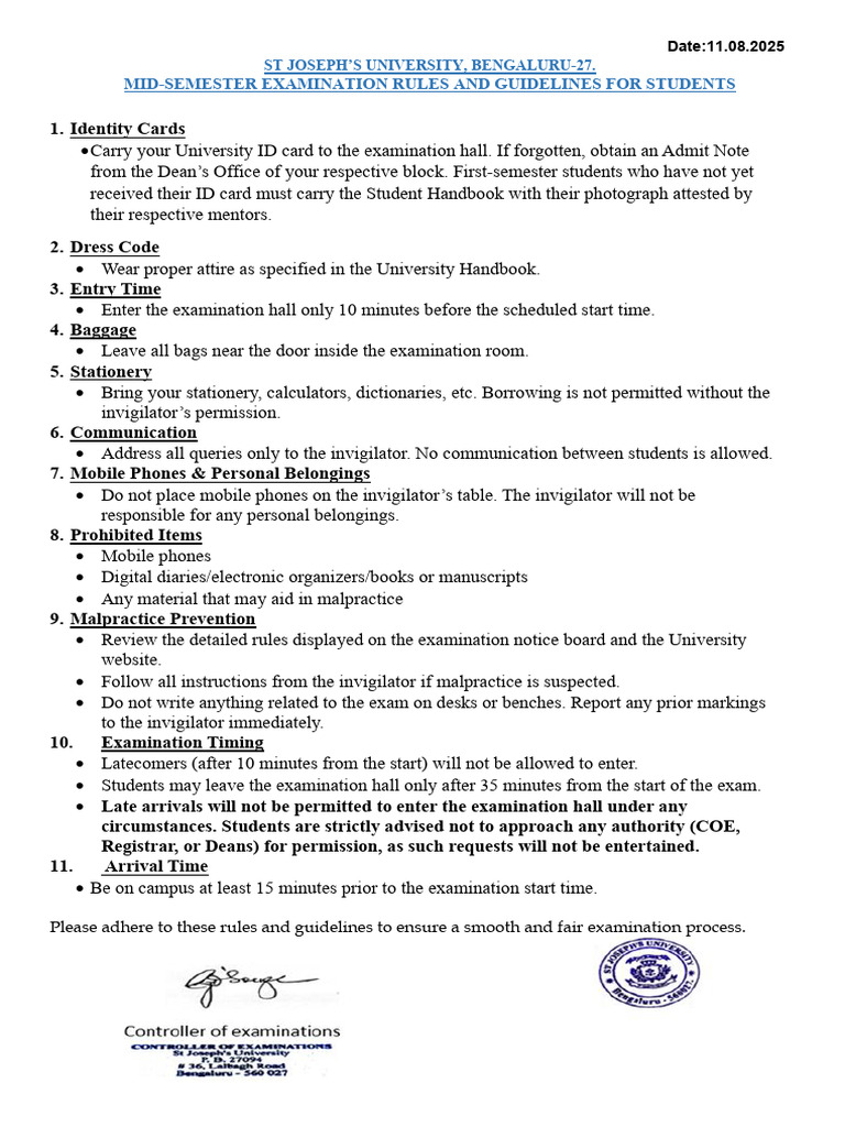 St. Joseph's University Exam Guidelines | PDF