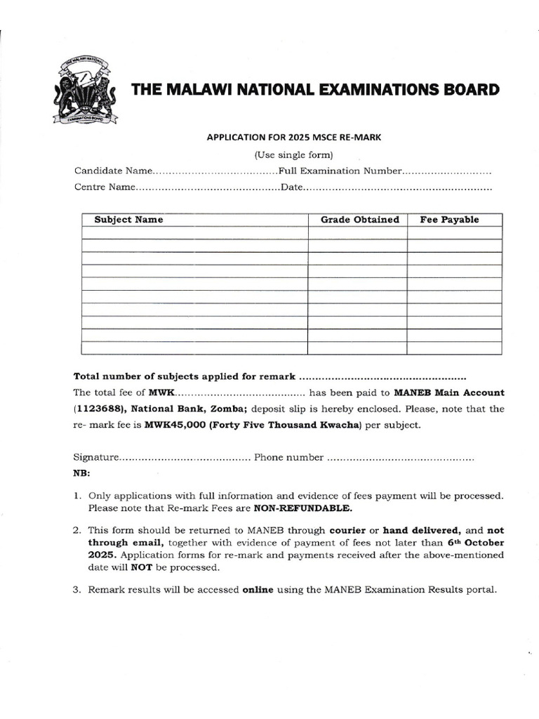 2025 Msce Results Remark Form | PDF